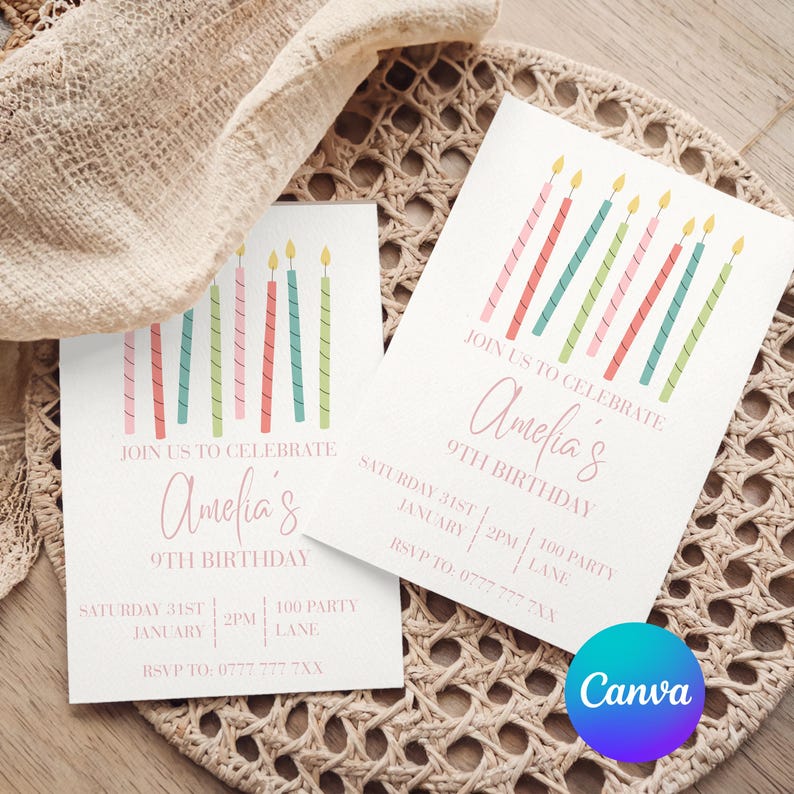 Editable Candle Birthday Invitation Template | Minimal Girls Party ...