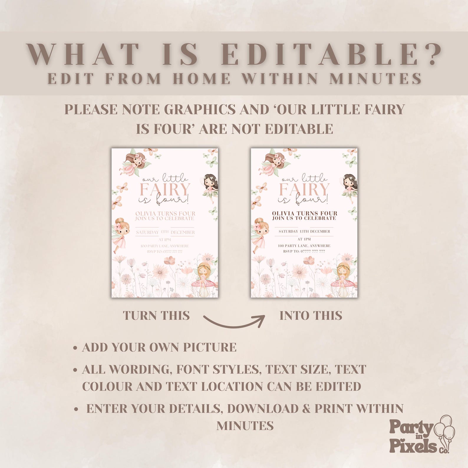 Editable Fairy Birthday Invitation | Pink 4th Birthday Party Template ...