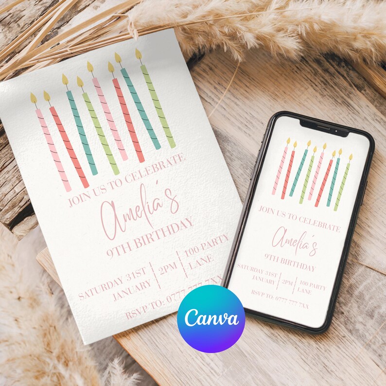 Editable Candle Birthday Invitation Template | Minimal Girls Party ...