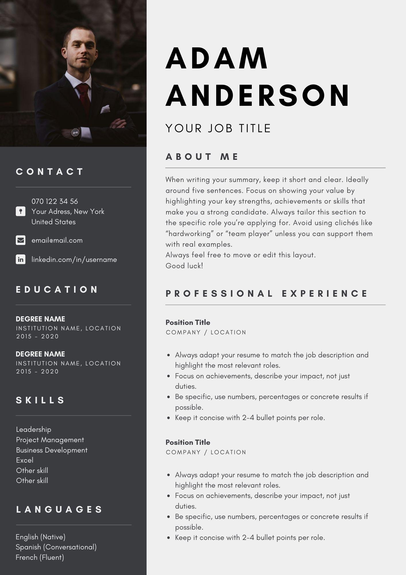 Professional Resume Template Men | Canva | Easy to Edit | Made for Men ...