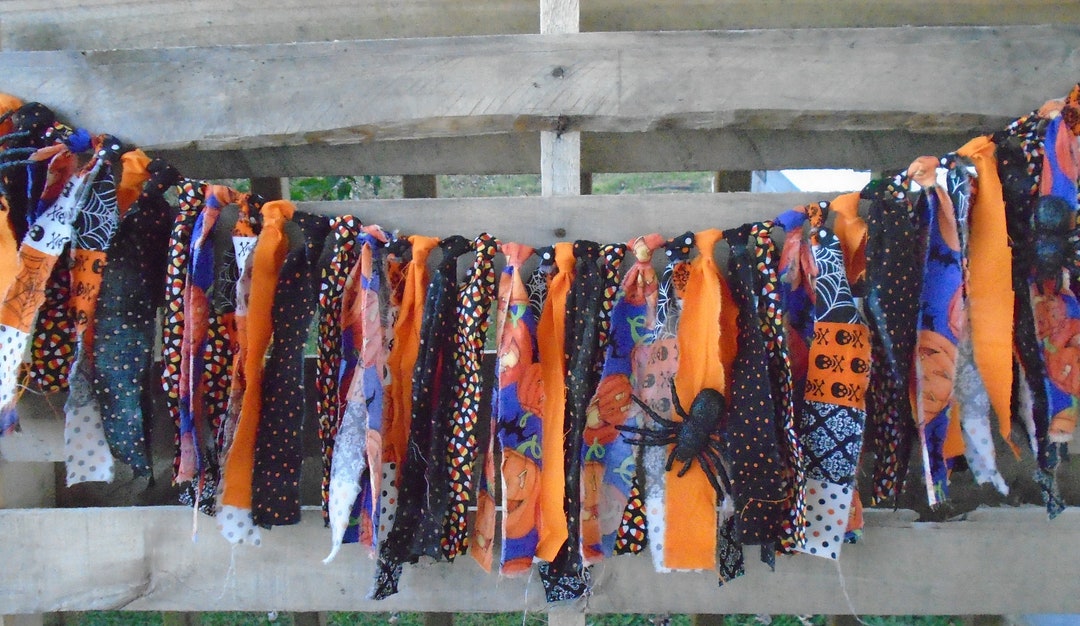 Rag Tie Garland Bunting Halloween With Spiders Pumpkins Candy Corn ...