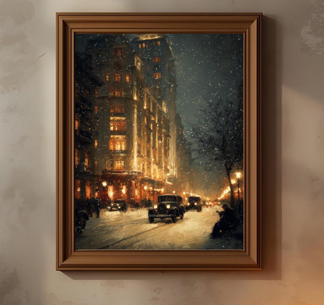 Vintage City Snowfall Print, 1940s Street Scene, Winter Wall Art ...