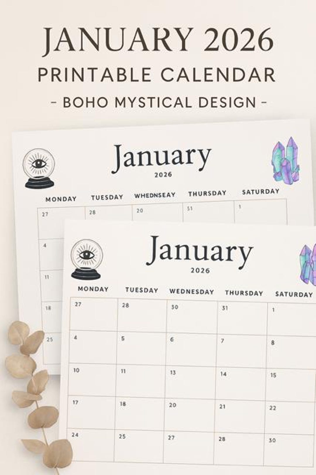 2026 Printable Calendar | Minimalist Boho Monthly Planner With Crystals ...