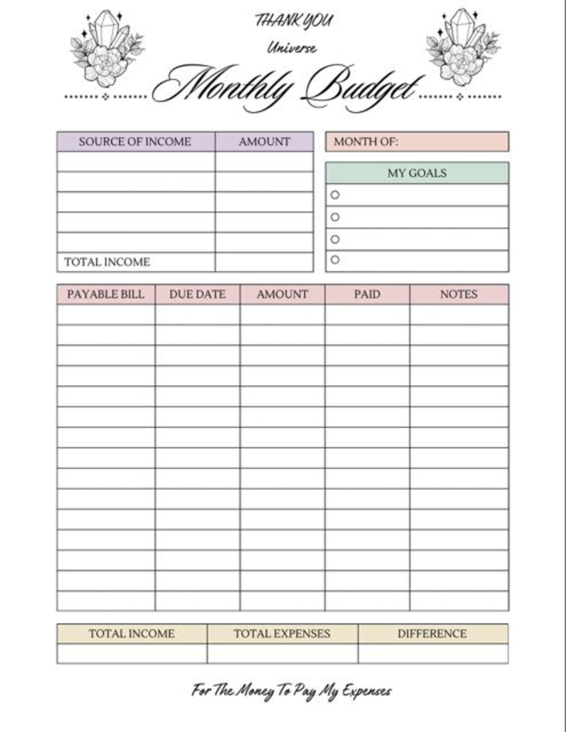 Monthly Budget Planner | Crystal Aesthetic Budget Sheet | Income ...