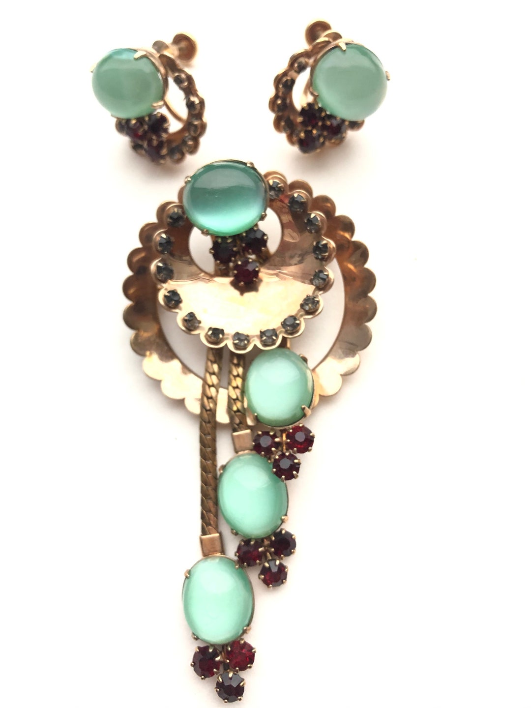 1930s Art Deco Brooch and Earring Set, Charles Reis, Moonstone ...