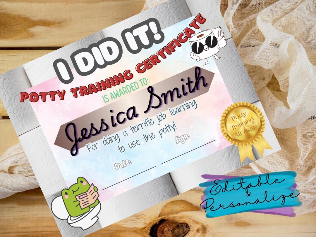 Editable Potty Training Certificate Template: Fun Toddler Award ...