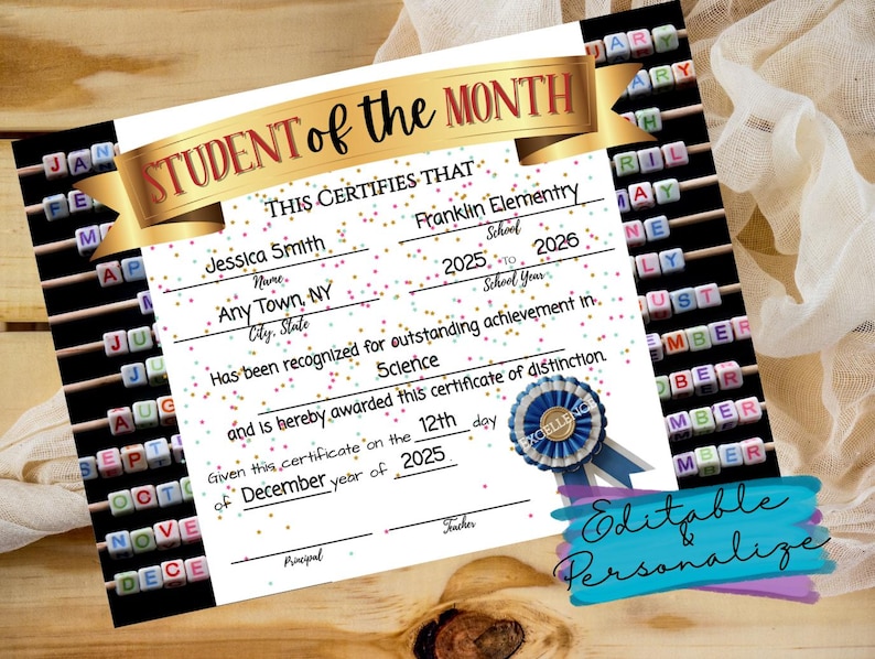 Editable Student of the Month Certificate Template (digital Download ...