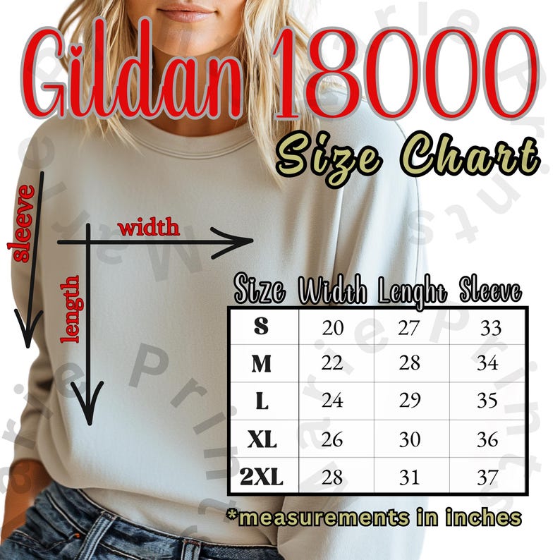 Gildan 18000 Size Chart, Long Sleeve Measurements, PNG Digital Download ...