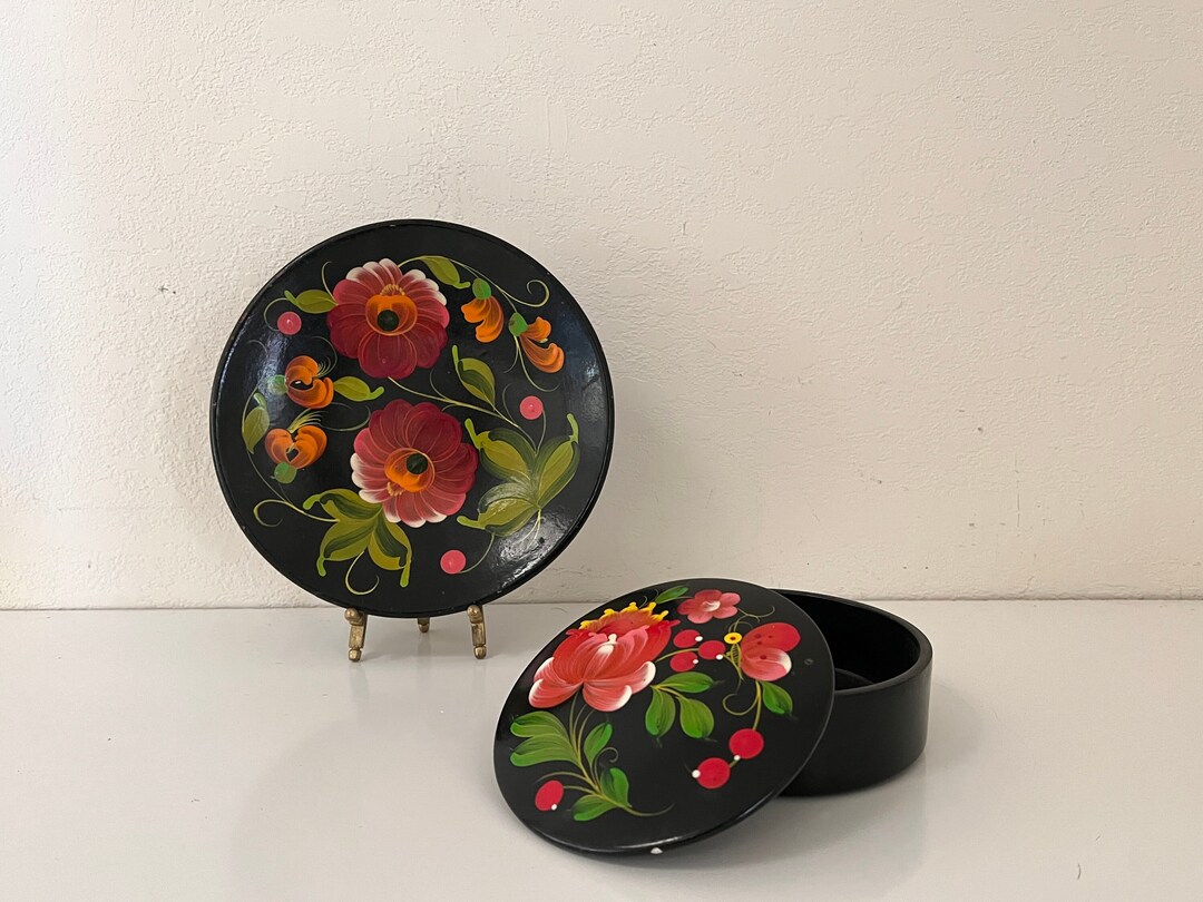 Pair of Black Lacquer Russian Hand-painted Pieces - One Decorative ...