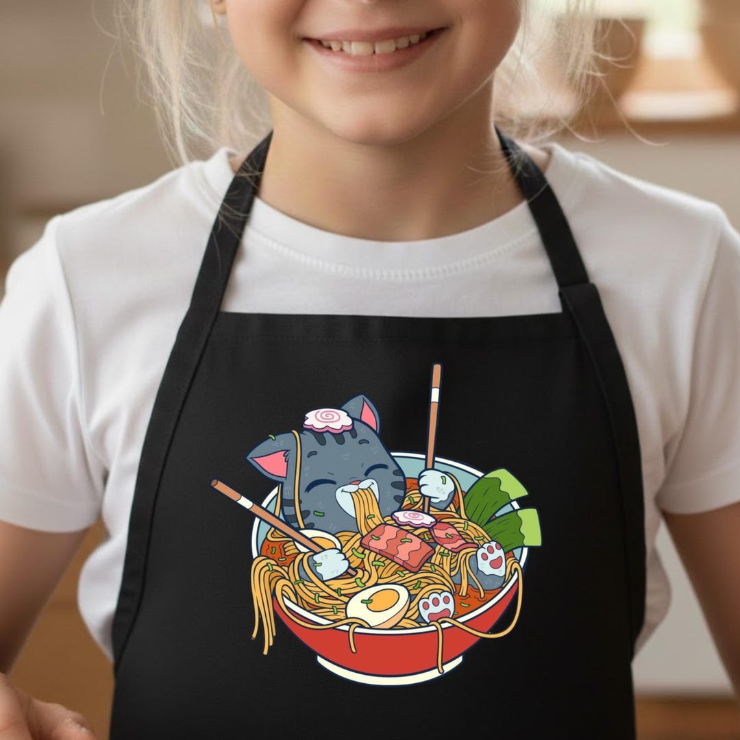 Cute Cat Ramen Kids Apron, Kawaii Noodle Cat Cooking Apron, Fun Kitchen ...