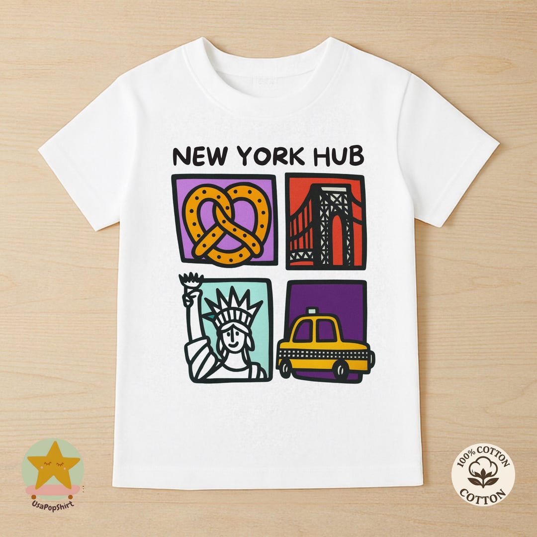 New York Hub Kids T-shirt, NYC Icons Tee, Pretzel Bridge Statue of ...