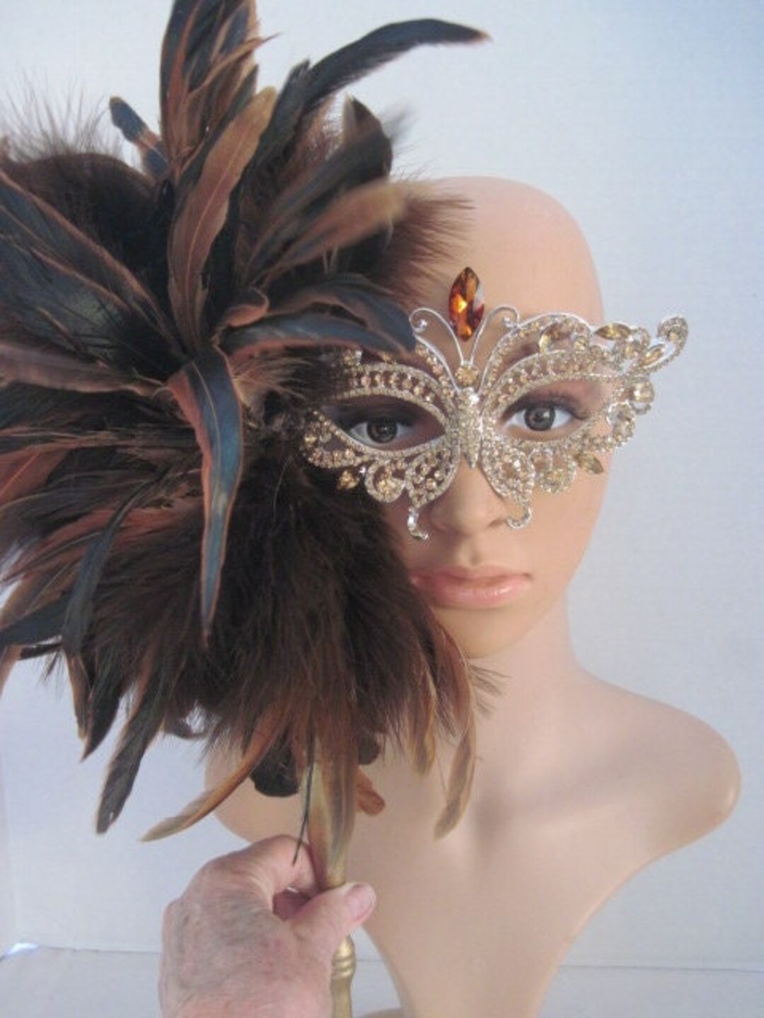 Golden Yellow Crystal Mask With Brown Feathers & Mask Stick - Etsy