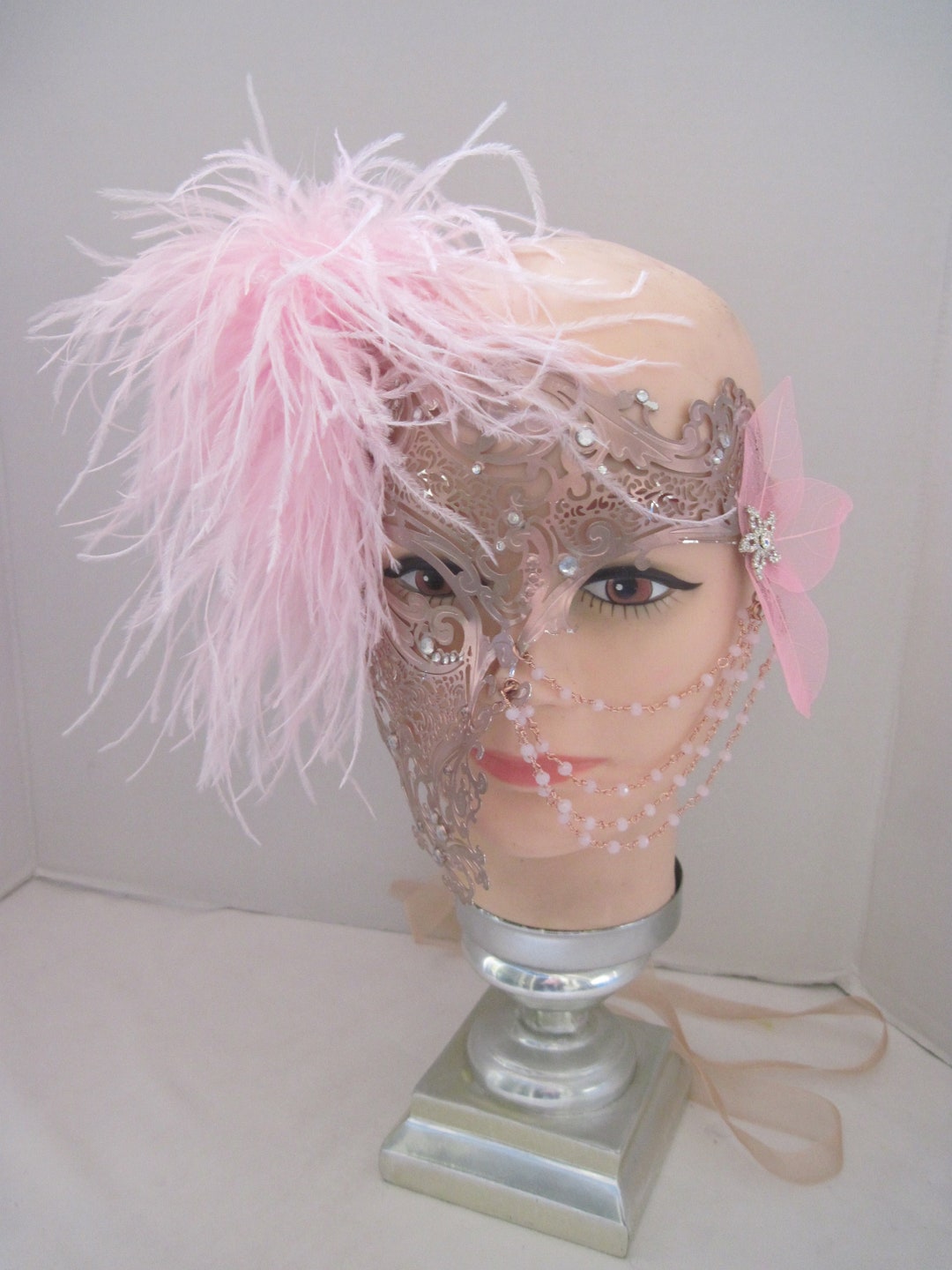 Rose Gold Metal Mask With Eye Chains and Pink Ostrich Feathers - Etsy