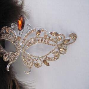 Golden Yellow Crystal Mask With Brown Feathers & Mask Stick - Etsy