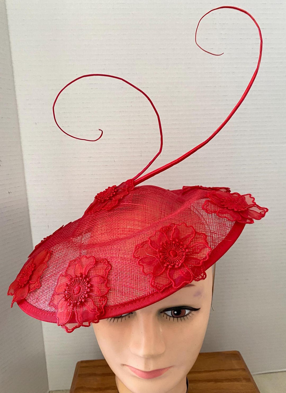 Curled Red Quills With Embroidered Flowers on a Red Sinamay Hat - Etsy