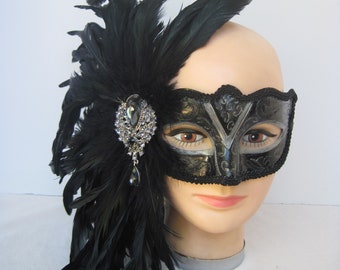 Black Silver Masquerade Mask, Black Feather Mask, Feather Women Mask ...