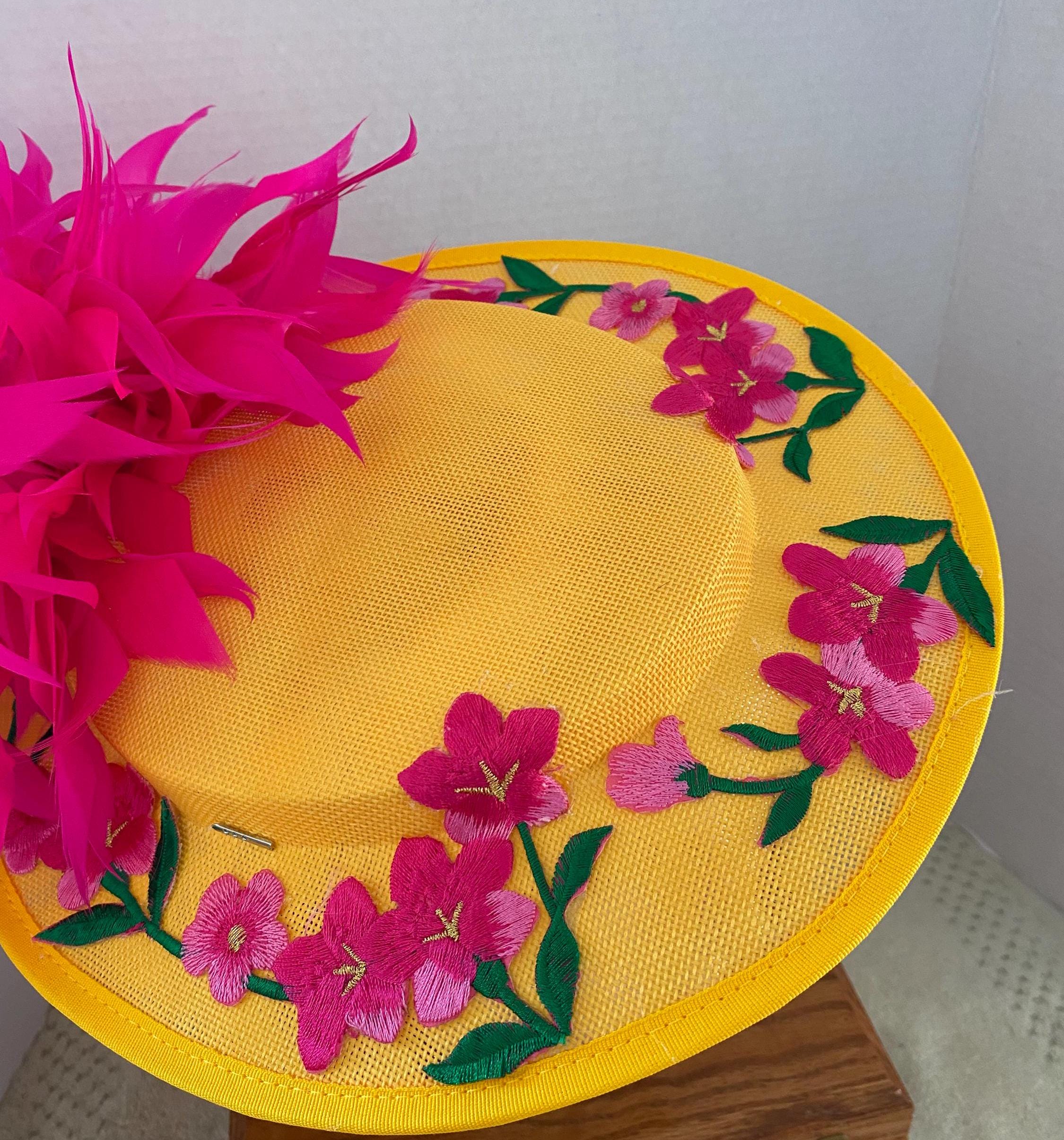 Deep Yellow Boater Style Hat With Hot Pink Appliques & Feathers - Etsy