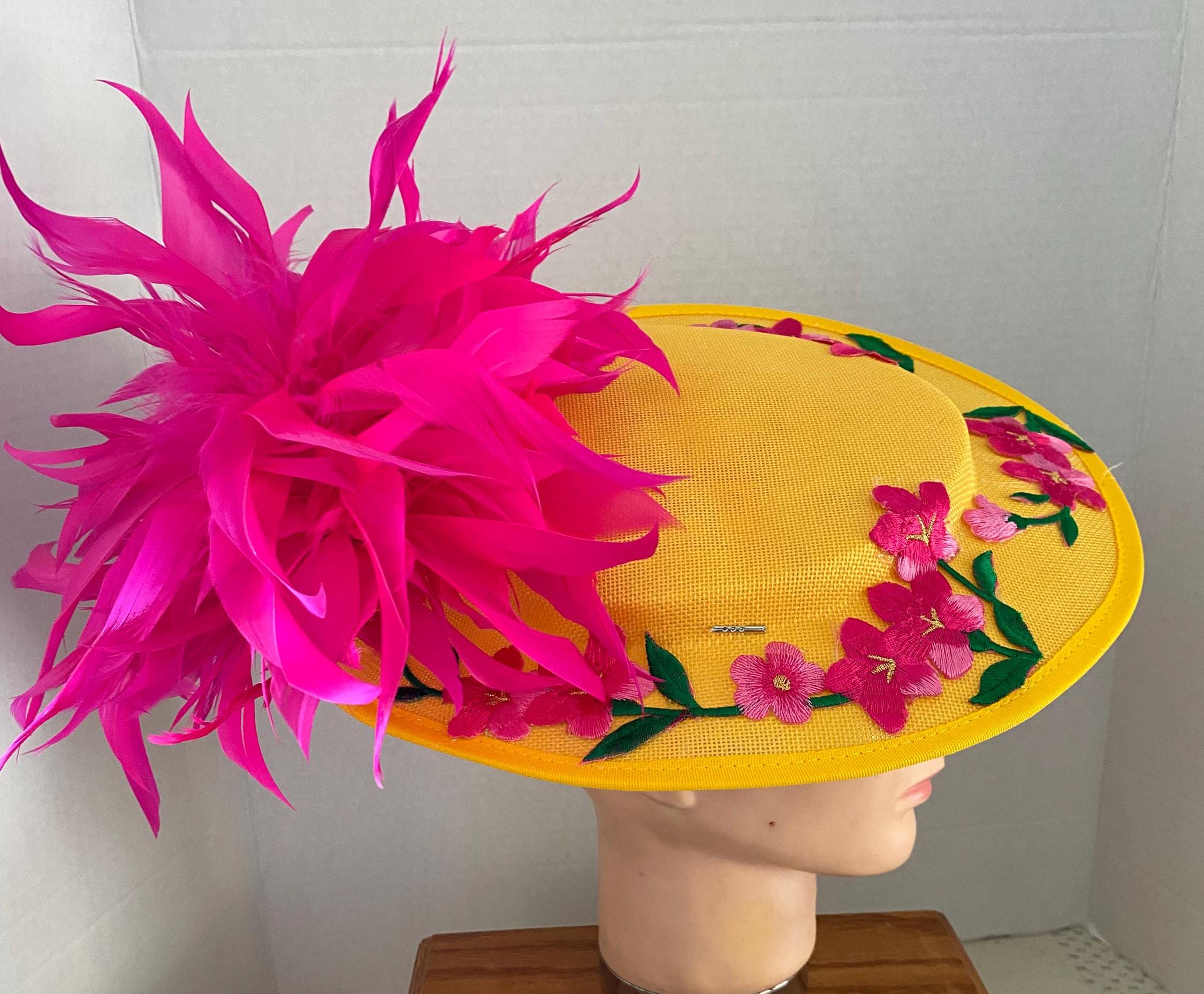 Deep Yellow Boater Style Hat With Hot Pink Appliques & Feathers - Etsy
