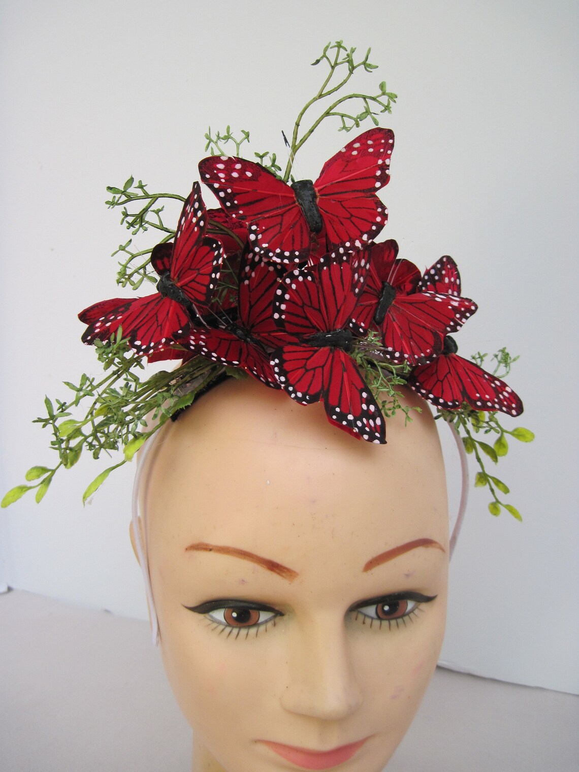 Red Monarch Feather Butterfly Headpiece with a Touch of Greens | Etsy