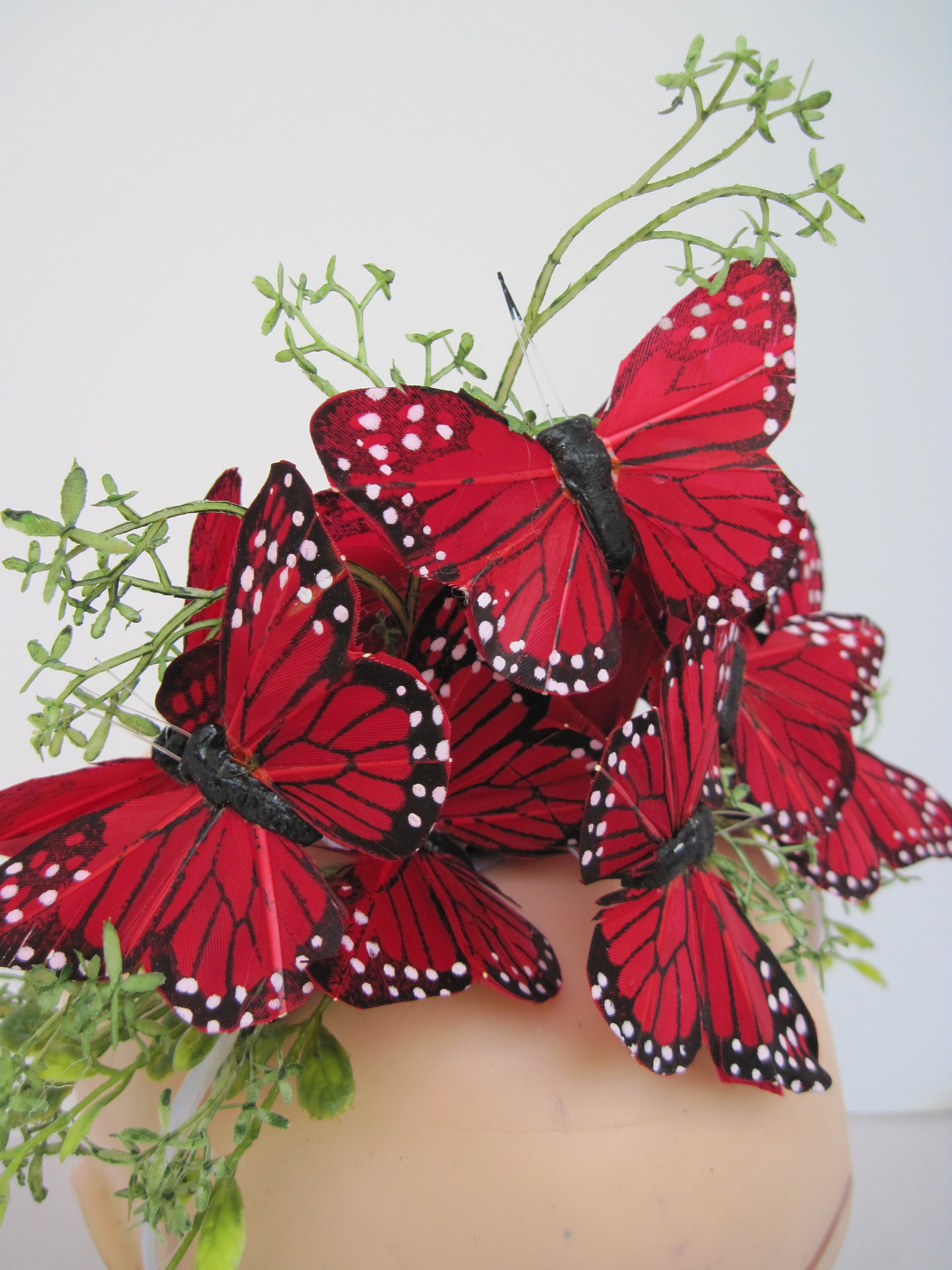 Red Monarch Feather Butterfly Headpiece With a Touch of Greens | Etsy