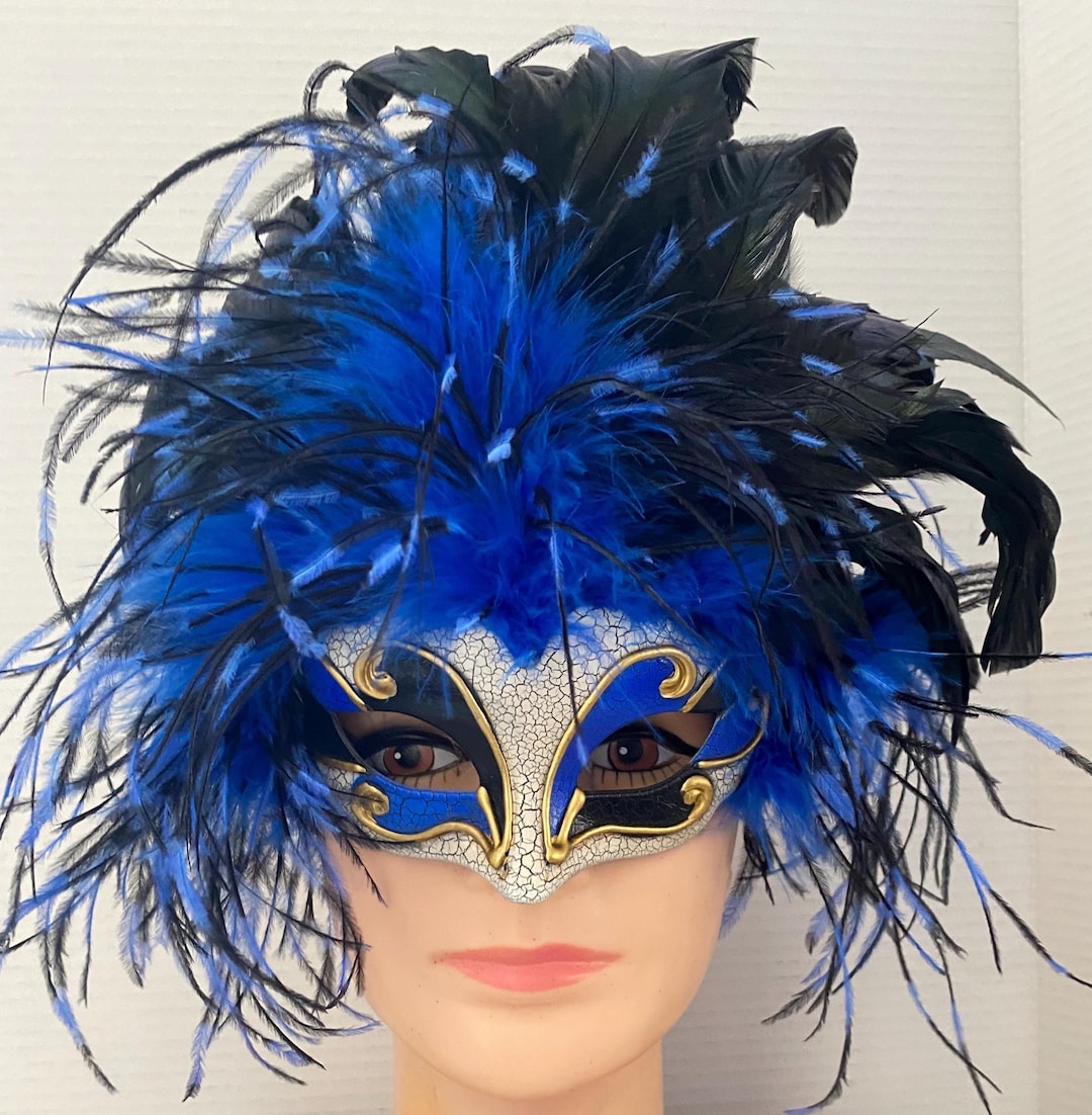 Venetian Blue & Black Scrolled Eyed Half Mask With Jumbo Ostrich ...