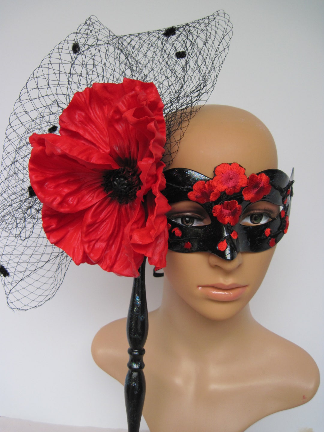 Black Glossy Masquerade Mask: Red Embroidered Flowers & Poppy ...