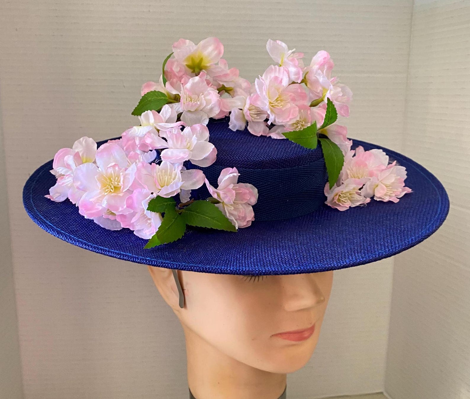 Blue Hat With Pink Cherry Blossoms - Etsy