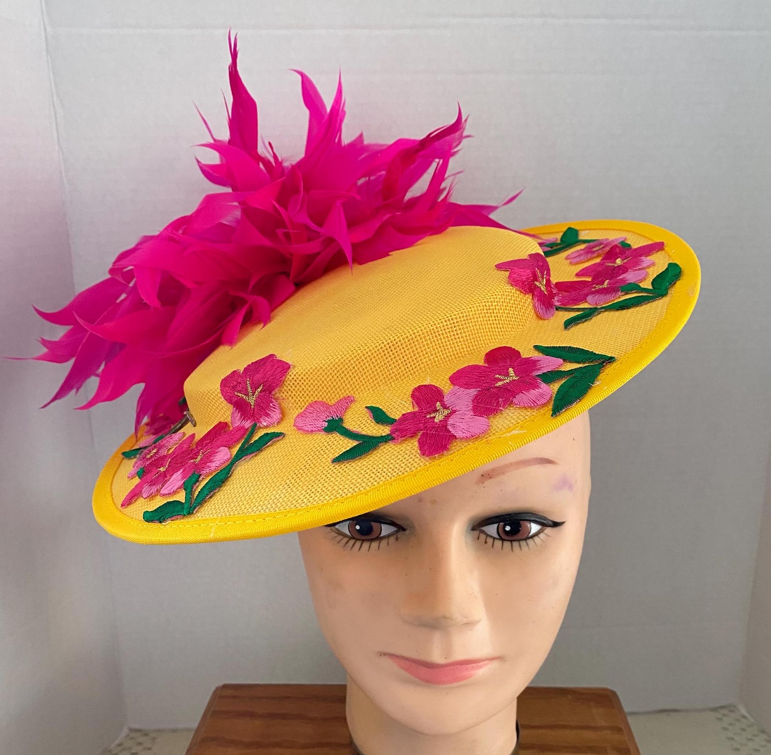 Deep Yellow Boater Style Hat With Hot Pink Appliques & Feathers - Etsy