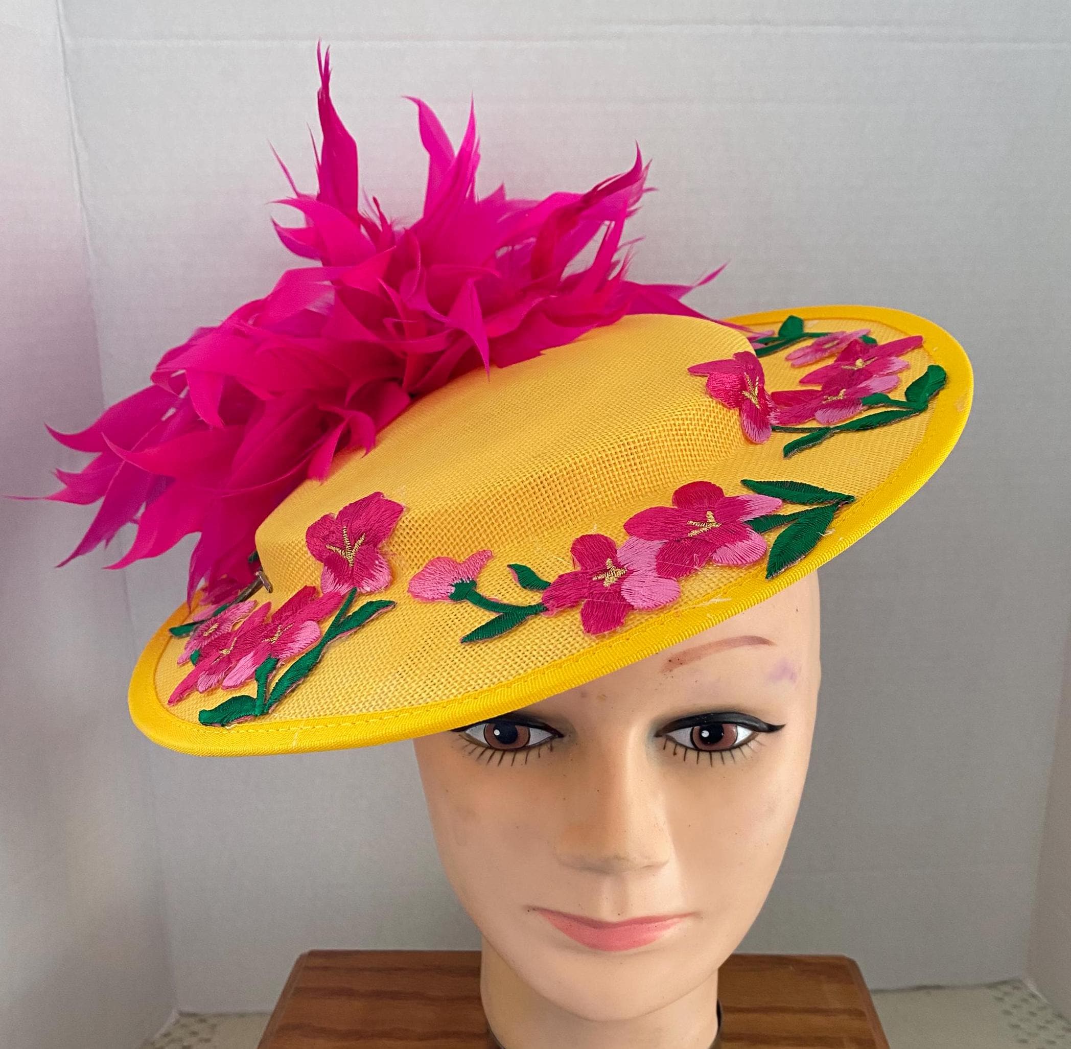 Deep Yellow Boater Style Hat With Hot Pink Appliques & Feathers - Etsy