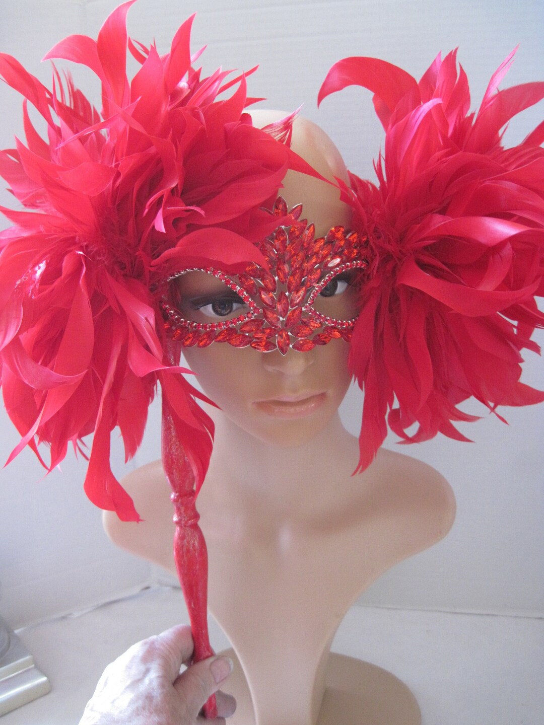 Red Crystal Mask With Spiky Red Feathers and Mask Stick - Etsy