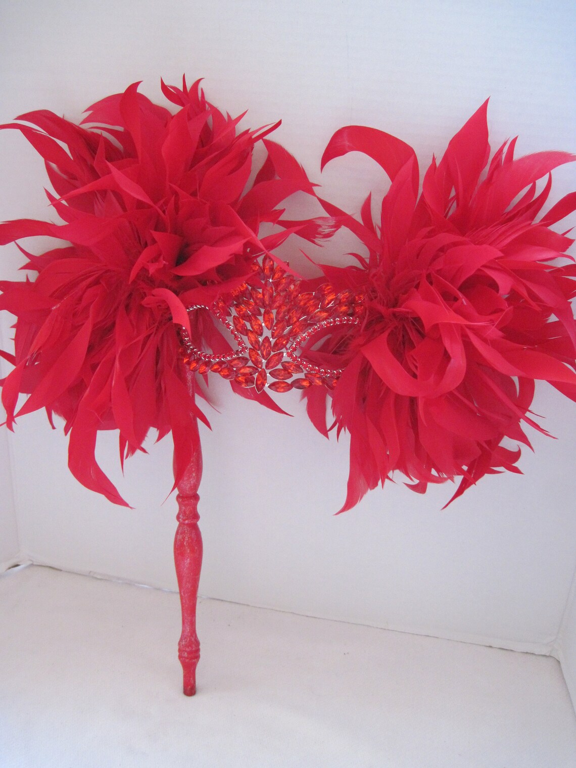 Red Crystal Mask With Spiky Red Feathers and Mask Stick - Etsy