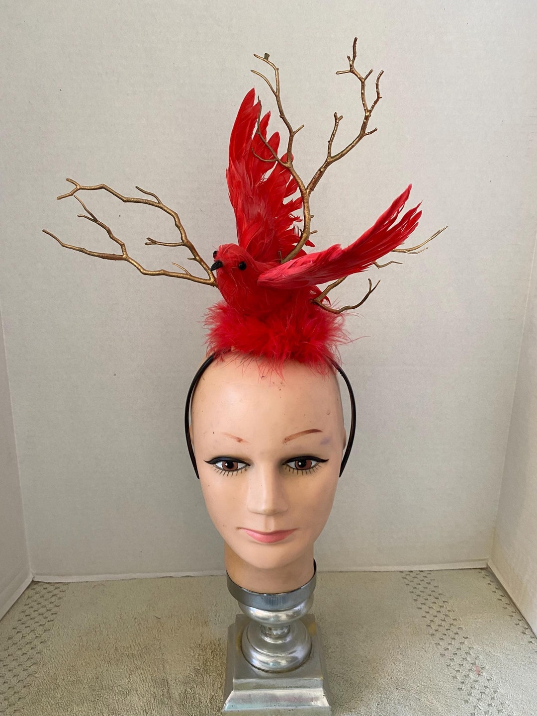 Flying Red Bird Headpiece With Gold Branches - Etsy