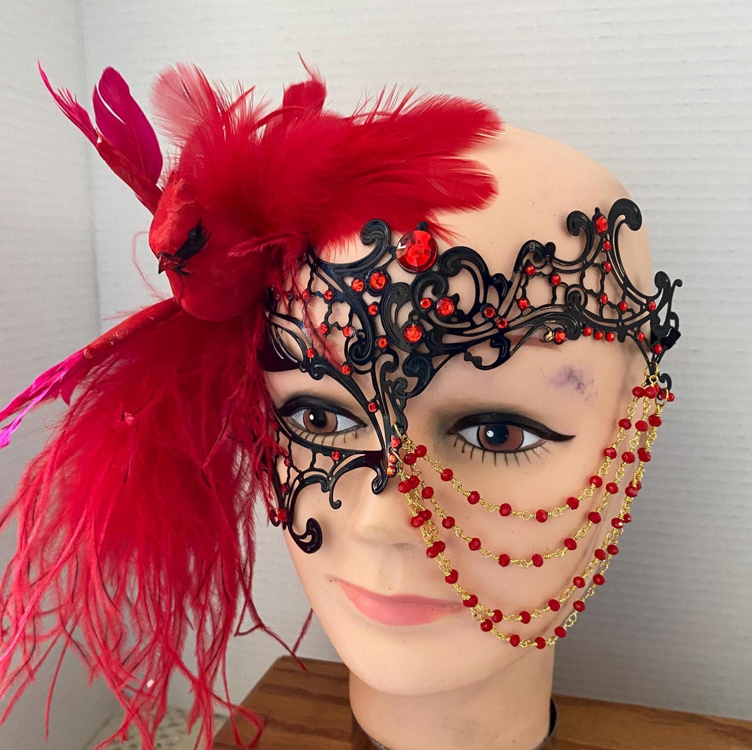 Black Lace Metal Mask With Red Ostrich Feathers, Eye Chains & S Red ...