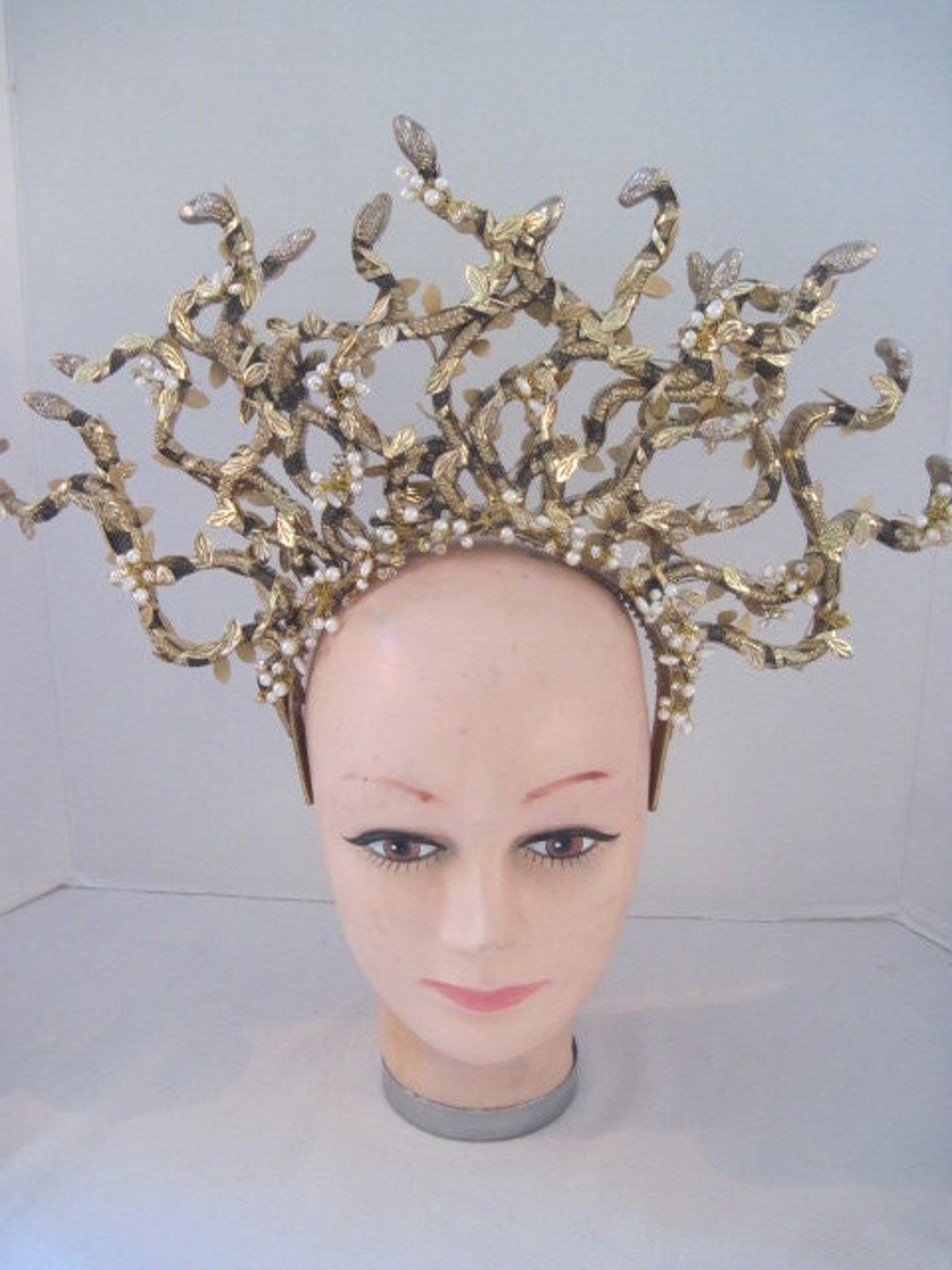 Gold & Black Medusa Headpiece With Shiny Leaves N Pearls - Etsy