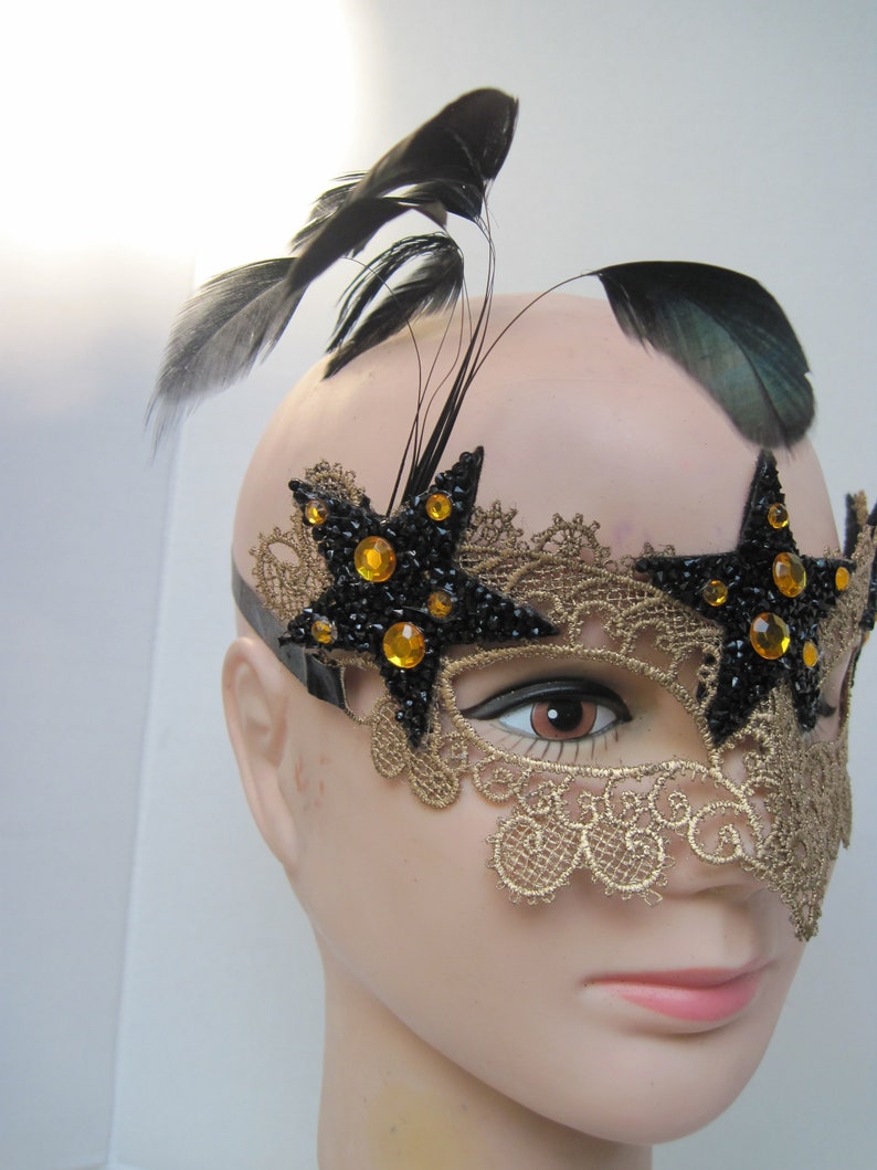 Gold Lace Mask With Crystal Stars and Stripped Coque Tail - Etsy