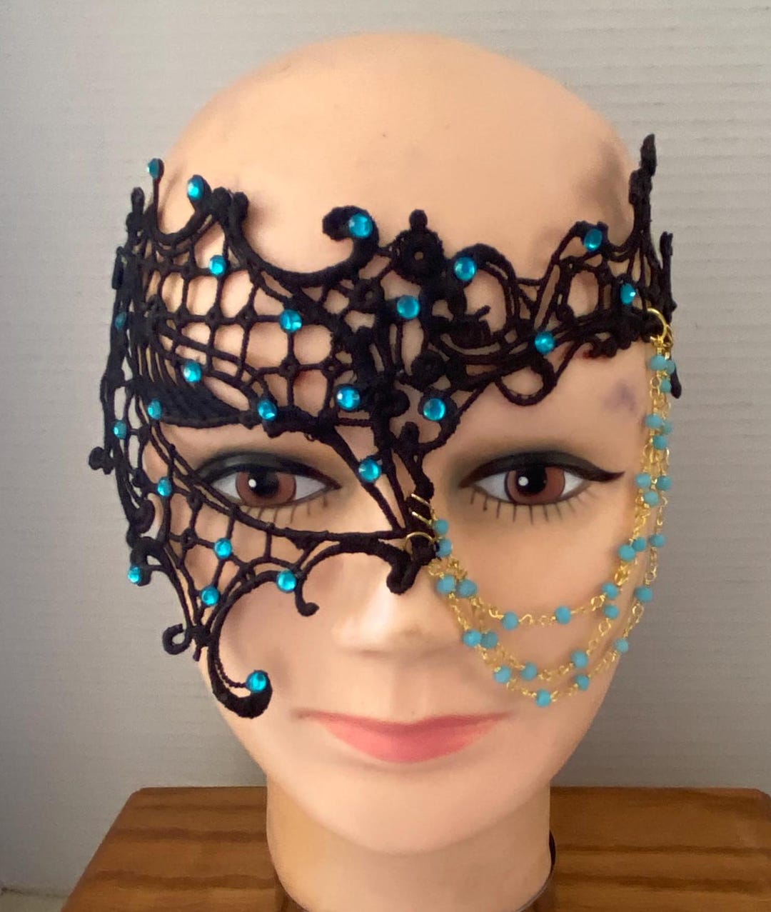 Blue Crystal Studded Black Lace Mask With Beaded Eye Chains - Etsy