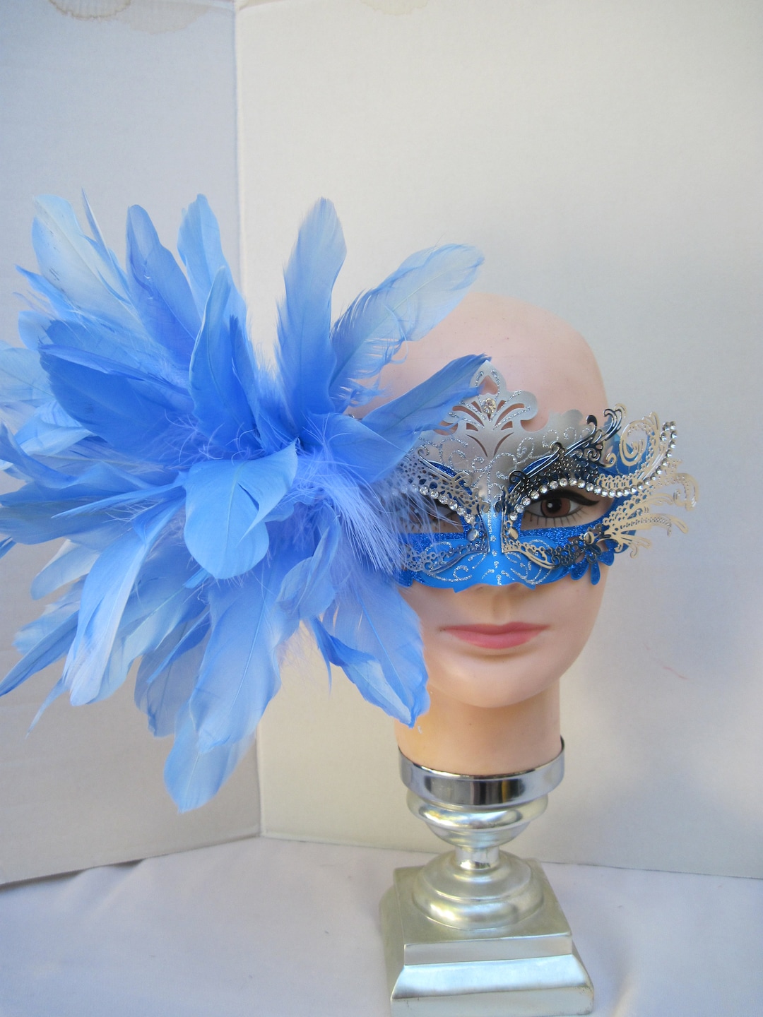 Turquoise Blue Masquerade Mask With Silver Metal Overlay Blue & White ...