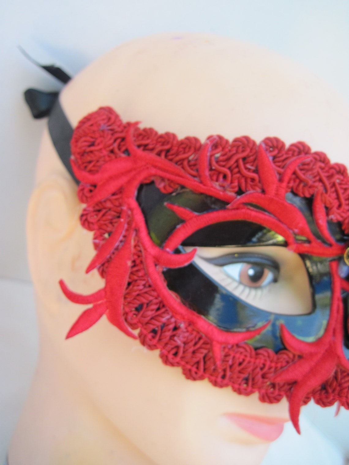 Red & Black Carnival Mask with Red Dangling Crystal Medallion | Etsy