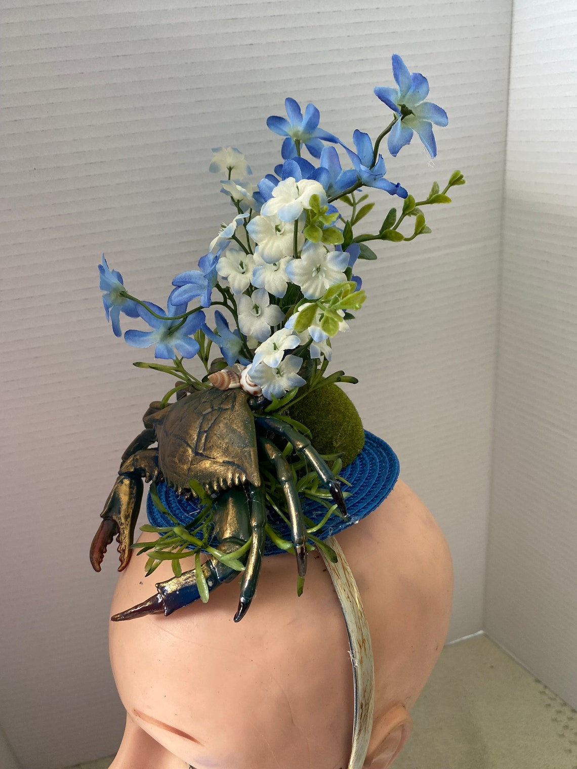 Blue Crab Fascinator With Blue Flowers N Ocean Shells - Etsy