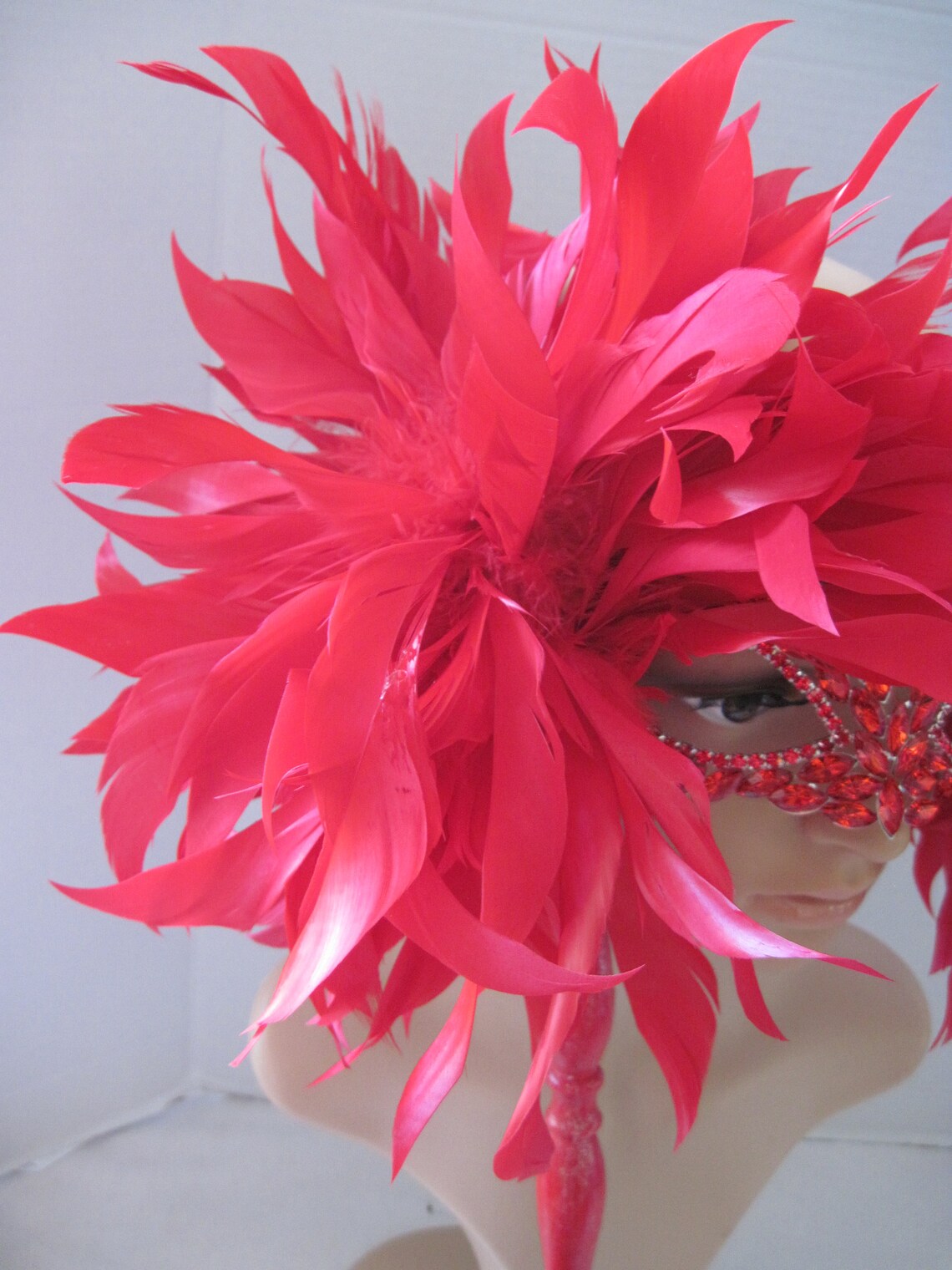 Red Crystal Mask With Spiky Red Feathers and Mask Stick - Etsy