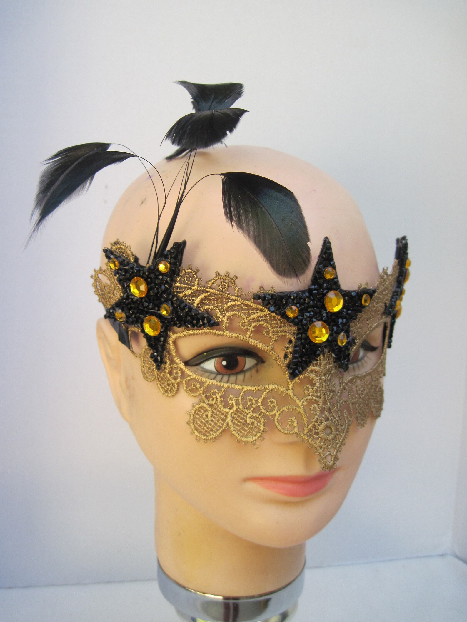 Gold Lace Mask With Crystal Stars and Stripped Coque Tail - Etsy