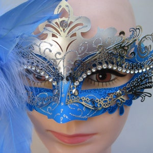 Turquoise Blue Masquerade Mask With Silver Metal Overlay Blue & White ...