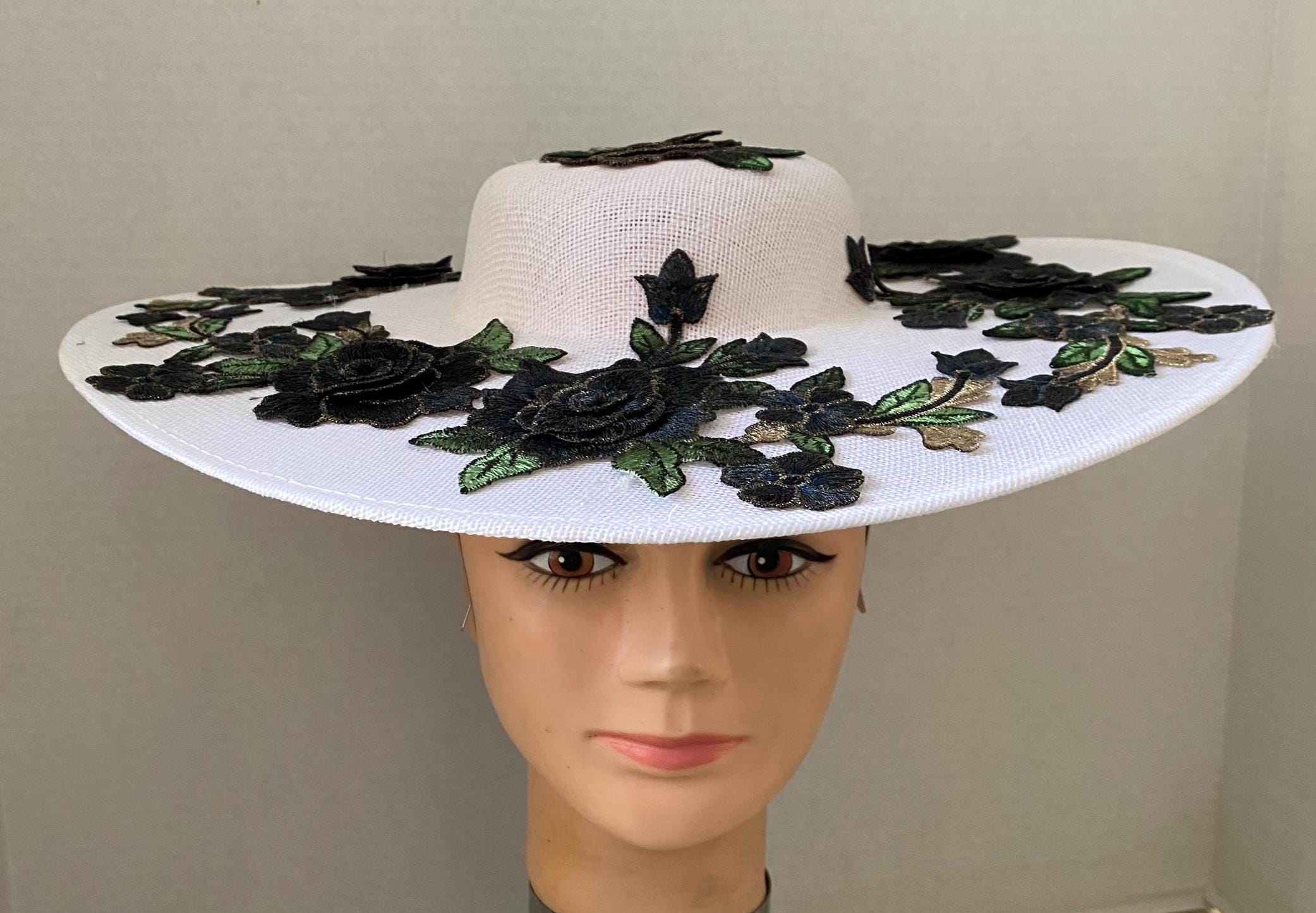 White Sinamay Hat With Embroidered With Roses in Choice of Colors - Etsy