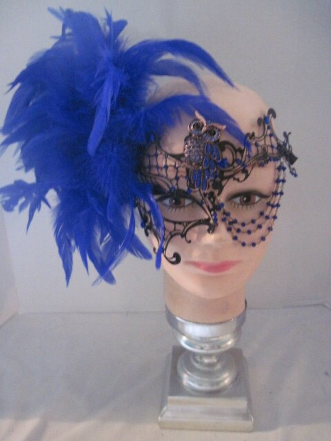 Black Lace Metal Mask With Fluffy Royal Blue Feathers & Eye Chains - Etsy