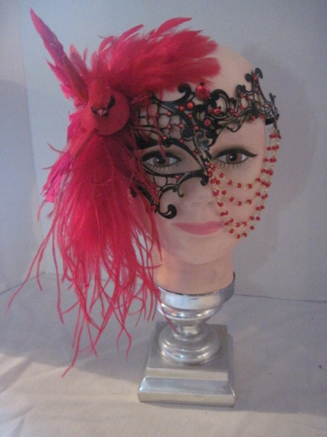 Feathered Red Cardinal Bird on a Feathered Mask With Eye Chains - Etsy