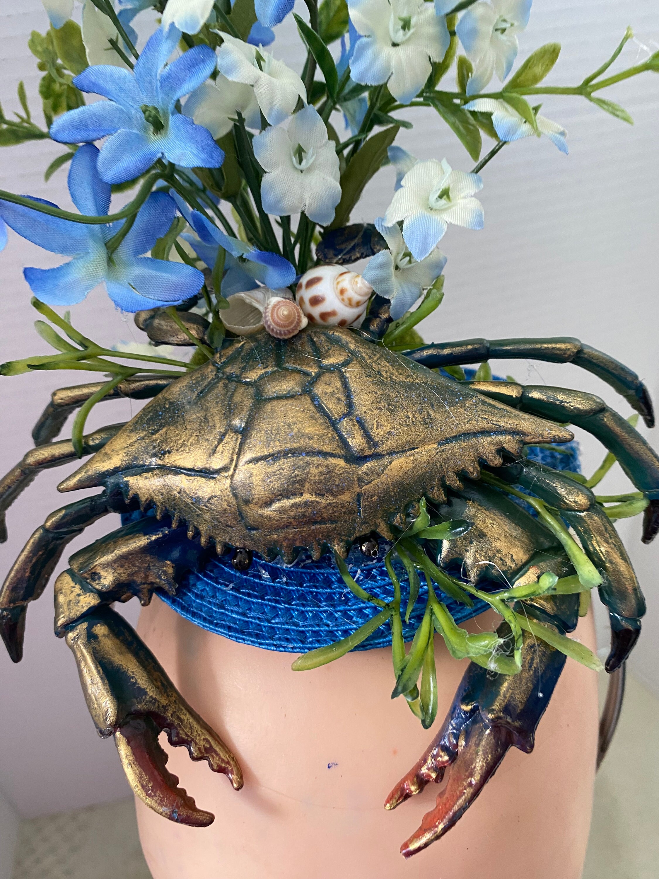 Blue Crab Fascinator With Blue Flowers N Ocean Shells - Etsy