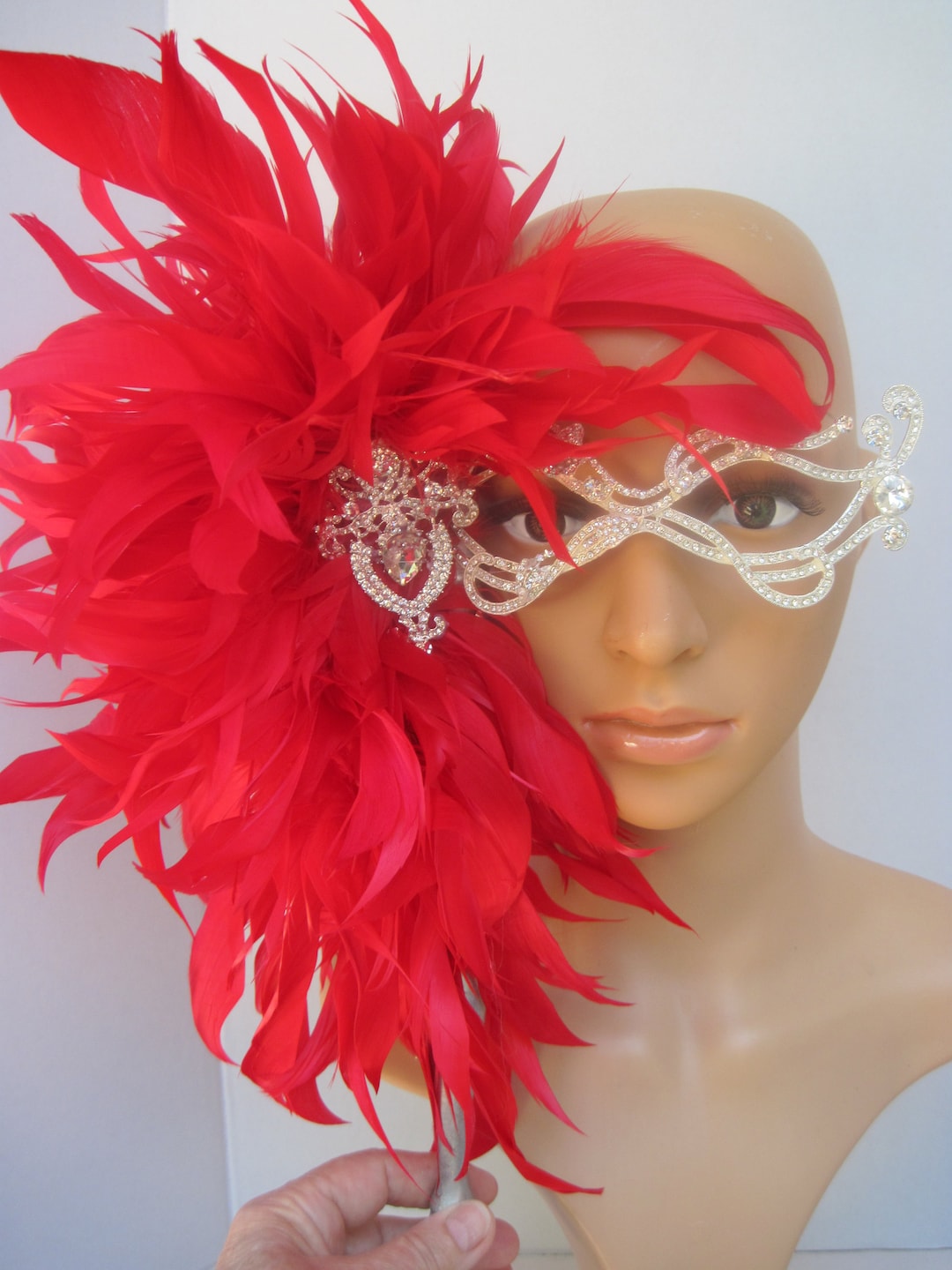Spiky Red Feathered Original Masquerade Crystal Mask With Crystal ...