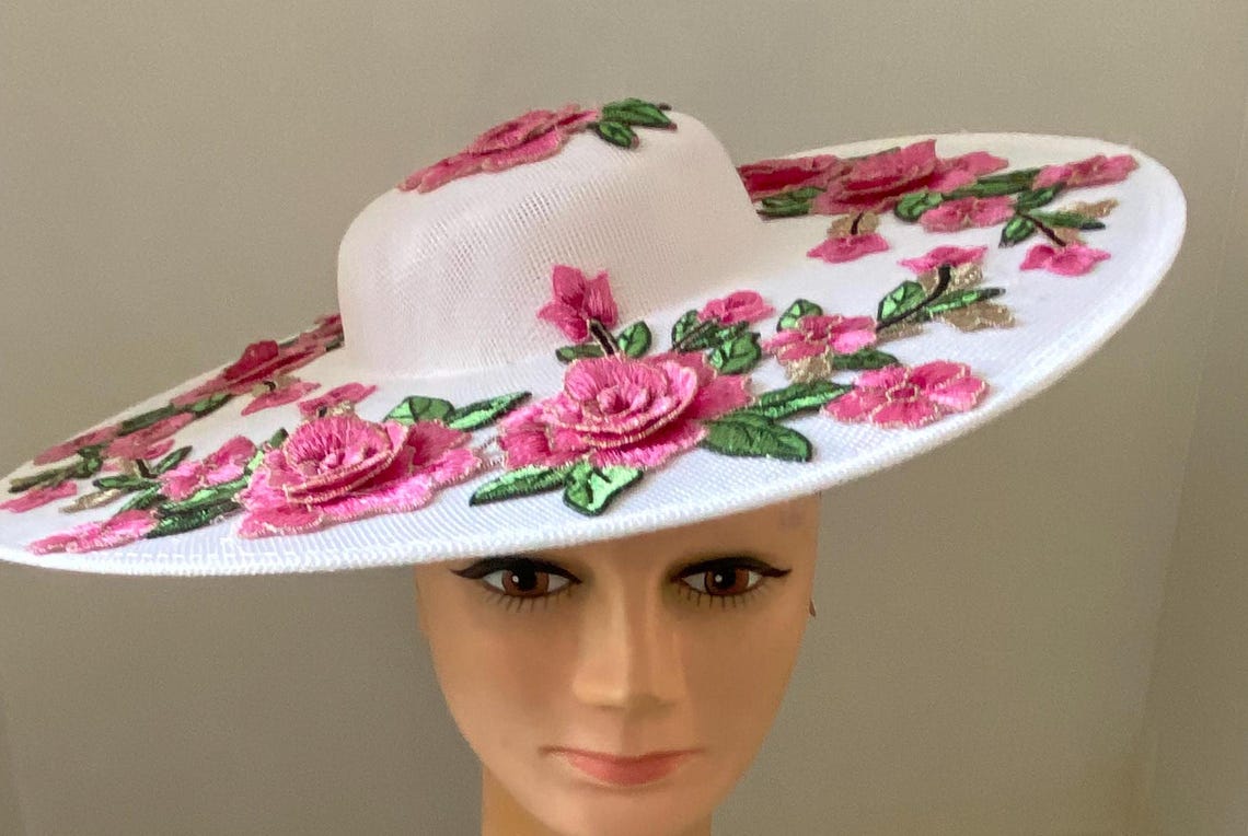 White Sinamay Hat With Embroidered With Roses in Choice of Colors - Etsy