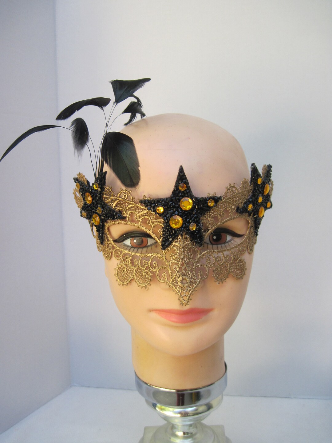 Gold Lace Mask With Crystal Stars and Stripped Coque Tail - Etsy