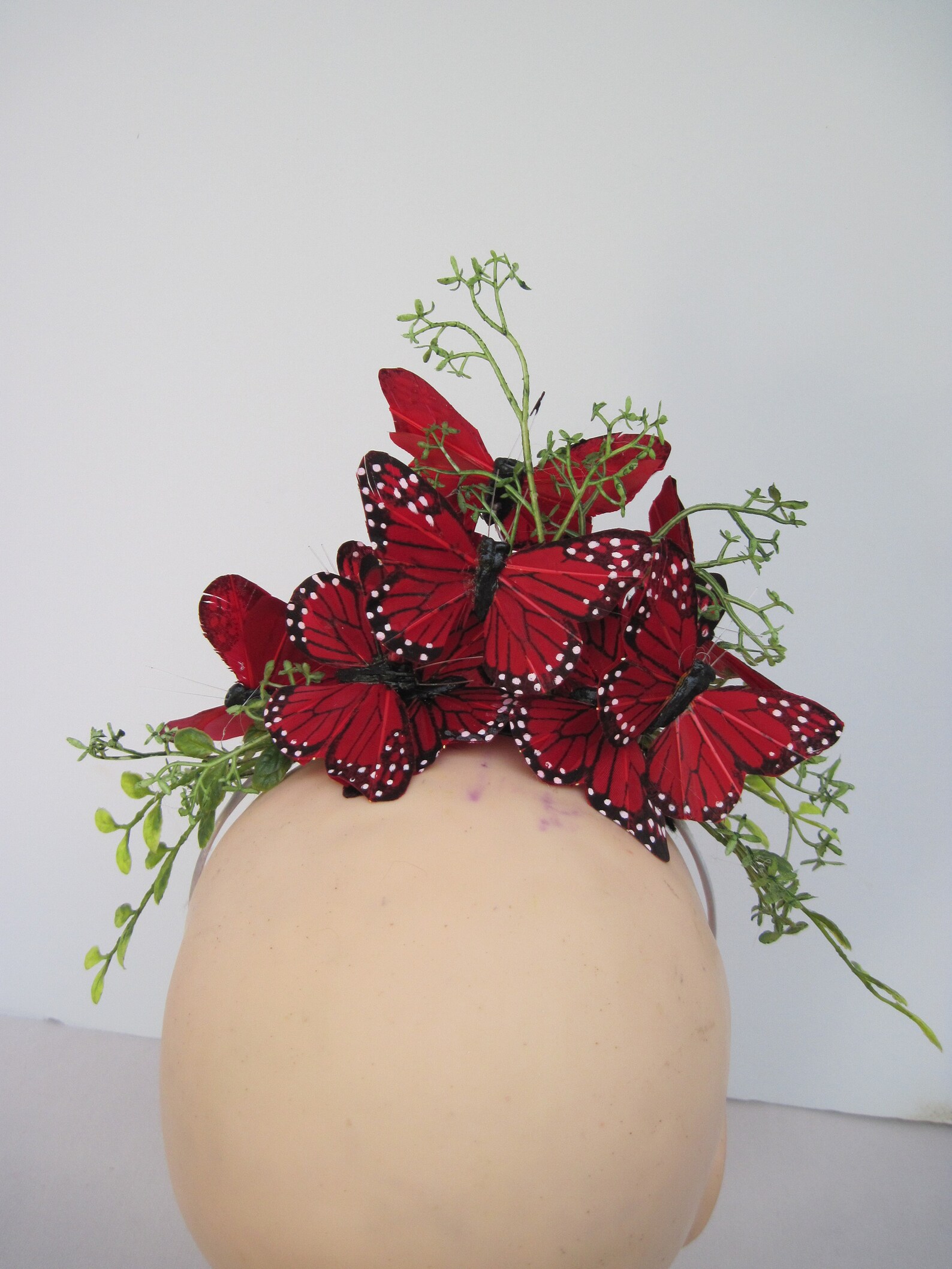Red Monarch Feather Butterfly Headpiece With a Touch of Greens | Etsy